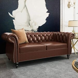 Chesterfield Loveseat, Modern Leather Sofa Tufted Couch 2 Seater with Rolled Arms and Nailhead for Living Room, Bedroom, Office, Apartment (Dark Brown)