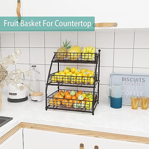 Fruit Basket for Kitchen Counter, 3-tier Fruit Holder Stand for Kitchen Countertop, Large Capacity Fruit Bowl Baskets for Kitchen Counter, Wire Baskets for Storage of Snack Produce Potato Onion