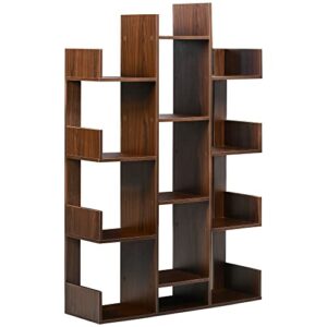 homcom tree bookshelf, modern freestanding bookcase with 13 open shelves, display unit for living room, study or office, brown