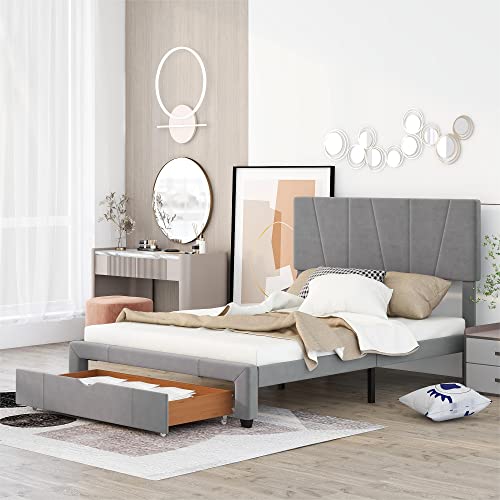 P PURLOVE Queen Size Upholstery Platform Bed with One Drawer Under Bed,Storage Upholstery Platform Bed Frame with Adjustable Headboard and Slat, No Box Spring Need