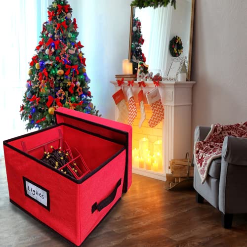 EDSRDUS Christmas Holiday Light Storage Box - Non-Woven Fabric, with 3 Light Storage Wraps, Lights Organizer Container Reinforced Stitched Handles（Light String not Included）