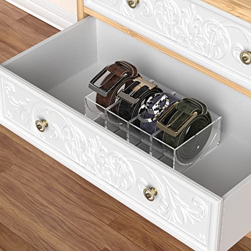 Belt Organizer, KDSKSC 4 Pack Acrylic Belt Storage Holder, Detachable Belt Container Clear Display Case for Closet and Drawer Belts Tie Bow Tie