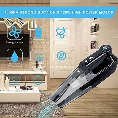 ARUOXIN 4-in-1 Car Vacuum Cordless Rechargeablen with Tire Inflator,130W 7000Pa 12V DC Handheld Vacuum Car Cleaner with Digital Tire Pressure Gauge LCD Display & LED Light for Home, Pet Hair, Car