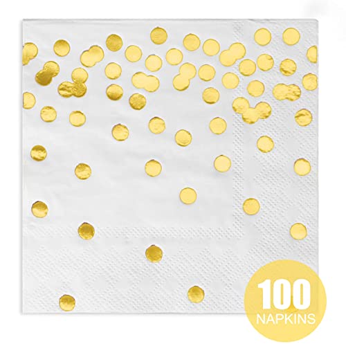 100 Pack of White and Gold Cocktail Napkins, 3-Ply Bar Napkins Disposable Party Napkins Paper Napkins Dinner for Wedding Baby Shower Birthday