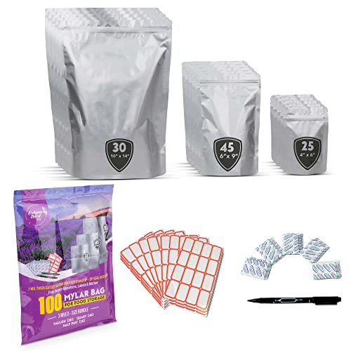 FOLSOM BLVD TODAY - 7 Mil 100 PCS Mylar Bags for Food Storage with Oxygen Absorbers 500CC, 30x Gallon 10x14, 45x Quart 6x9, 25x Half Pint 4x6 - 100 Labels and Marker - Ziplock Heat Resealable Stand-up Airtight Smell Proof - Bolsas Mylar