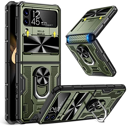 Caka for Galaxy Z Flip 4 Case, Z Flip 4 Case with Camera Cover, Hinge Protection& Kickstand with Built-in 360°Rotate Ring Stand Magnetic Protective Phone Case for Samsung Galaxy Z Flip 4 5G -Green