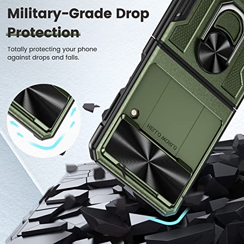 Caka for Galaxy Z Flip 4 Case, Z Flip 4 Case with Camera Cover, Hinge Protection& Kickstand with Built-in 360°Rotate Ring Stand Magnetic Protective Phone Case for Samsung Galaxy Z Flip 4 5G -Green