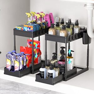 2 pack under sink organizers and storage, 2 tier sliding bathroom organizer under sink, adjustable height under cabinet organizer basket with hooks hanging cups, shelf organizer for bathroom kitchen