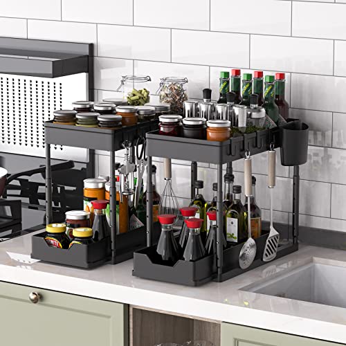 2 Pack Under Sink Organizers and Storage, 2 Tier Sliding Bathroom Organizer Under Sink, Adjustable Height Under Cabinet Organizer Basket with Hooks Hanging Cups, Shelf Organizer for Bathroom Kitchen