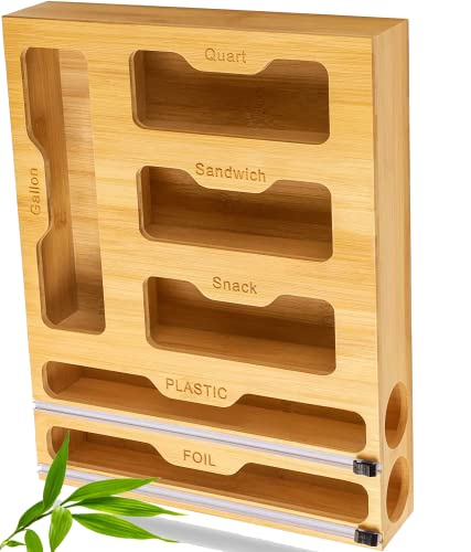 Bamboo Ziplock Bag Organizer | Foil and Plastic Wrap Organizer | Bamboo 6-in-1 Sandwich Bag Organizer Dispenser For Drawer, Wall | Kitchen Pantry Organization Storage| 12" X 2.125" Standard Rolls only