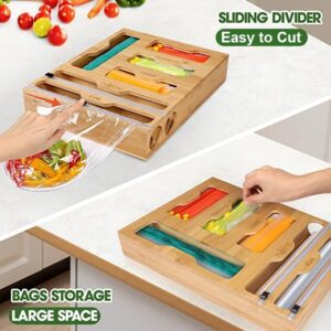 Bamboo Ziplock Bag Organizer | Foil and Plastic Wrap Organizer | Bamboo 6-in-1 Sandwich Bag Organizer Dispenser For Drawer, Wall | Kitchen Pantry Organization Storage| 12" X 2.125" Standard Rolls only