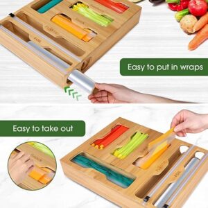 Bamboo Ziplock Bag Organizer | Foil and Plastic Wrap Organizer | Bamboo 6-in-1 Sandwich Bag Organizer Dispenser For Drawer, Wall | Kitchen Pantry Organization Storage| 12" X 2.125" Standard Rolls only