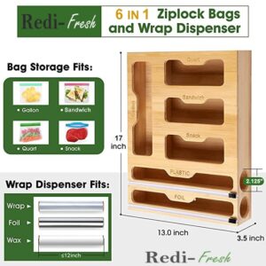 Bamboo Ziplock Bag Organizer | Foil and Plastic Wrap Organizer | Bamboo 6-in-1 Sandwich Bag Organizer Dispenser For Drawer, Wall | Kitchen Pantry Organization Storage| 12" X 2.125" Standard Rolls only