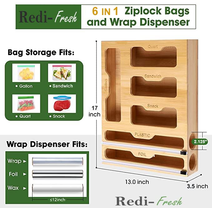 Bamboo Ziplock Bag Organizer | Foil and Plastic Wrap Organizer | Bamboo 6-in-1 Sandwich Bag Organizer Dispenser For Drawer, Wall | Kitchen Pantry Organization Storage| 12" X 2.125" Standard Rolls only