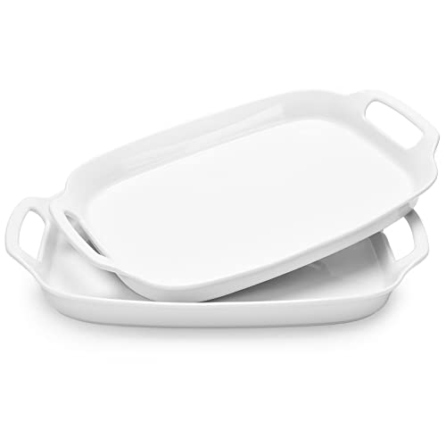 DOWAN Serving Tray with Handles, 15.4" Large Rectangle Platter for Entertaining Party Display, White Porcelain Platters for Food Veggie Appetizer Cake, Plates for Restaurants, Set of 2