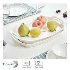 DOWAN Serving Tray with Handles, 15.4" Large Rectangle Platter for Entertaining Party Display, White Porcelain Platters for Food Veggie Appetizer Cake, Plates for Restaurants, Set of 2