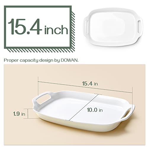 DOWAN Serving Tray with Handles, 15.4" Large Rectangle Platter for Entertaining Party Display, White Porcelain Platters for Food Veggie Appetizer Cake, Plates for Restaurants, Set of 2