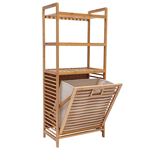 CNCEST 47" Laundry Basket Rack Laundry Basket Organizer, 3 Tier Bamboo Storage Shelf, Removable Storage Basket with Freestanding Clothes Hamper Organizer for Bathroom Living Room Bedroom