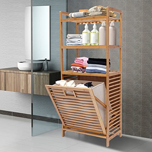 CNCEST 47" Laundry Basket Rack Laundry Basket Organizer, 3 Tier Bamboo Storage Shelf, Removable Storage Basket with Freestanding Clothes Hamper Organizer for Bathroom Living Room Bedroom