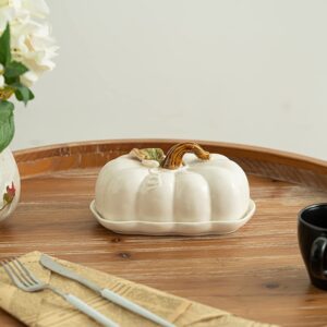 YINYUEDAO Pumpkin Butter Dish with Lid Ceramic Butter Keeper - for Butter, Dishes, Fruits - Butter Dish for Countertop, Counter, Refrigerator - Farmhouse Decoration for Kitchen ( White Pumpkin )