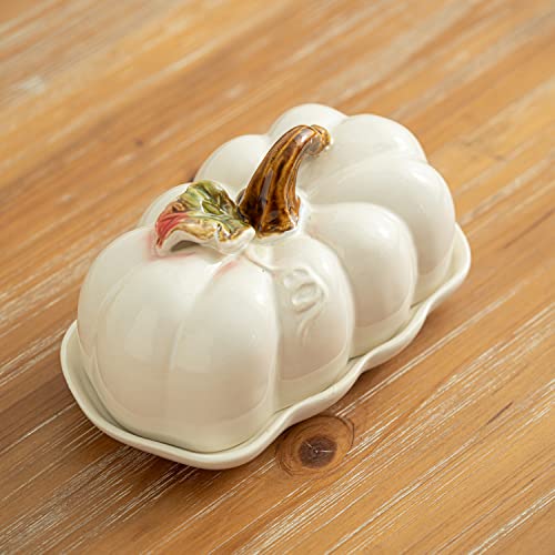 YINYUEDAO Pumpkin Butter Dish with Lid Ceramic Butter Keeper - for Butter, Dishes, Fruits - Butter Dish for Countertop, Counter, Refrigerator - Farmhouse Decoration for Kitchen ( White Pumpkin )