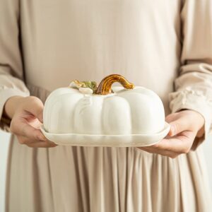 YINYUEDAO Pumpkin Butter Dish with Lid Ceramic Butter Keeper - for Butter, Dishes, Fruits - Butter Dish for Countertop, Counter, Refrigerator - Farmhouse Decoration for Kitchen ( White Pumpkin )