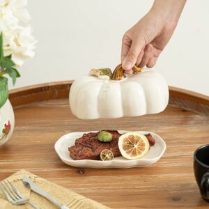 YINYUEDAO Pumpkin Butter Dish with Lid Ceramic Butter Keeper - for Butter, Dishes, Fruits - Butter Dish for Countertop, Counter, Refrigerator - Farmhouse Decoration for Kitchen ( White Pumpkin )