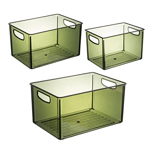 Elysolpluv Acrylic Storage Box 3 Pieces (Large, Medium And Small), Grocery Storage Box With Handle, Suitable For Refrigerator, Kitchen And Countertop Storage. (Green)