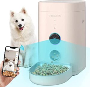 dogness automatic wifi dog/cat smart camera feeder - 6.5lbs large capacity app control food dispenser with wifi, portion control, voice recording, camera, timer programmable (4l pink)