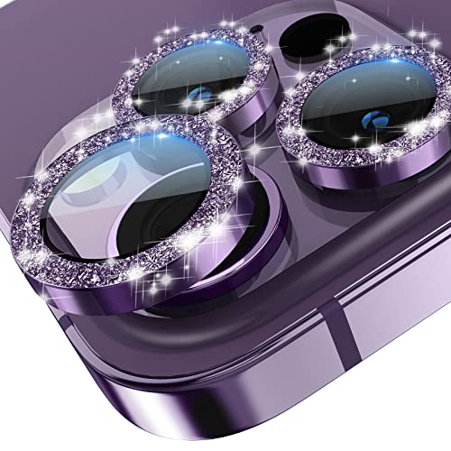 imluckies for iPhone 14 Pro/iPhone 14 Pro Max Camera Lens Protector Bling, HD Tempered Glass Diamonds Lens Screen Protector Individual Alloy Metal Ring, Glitter Purple