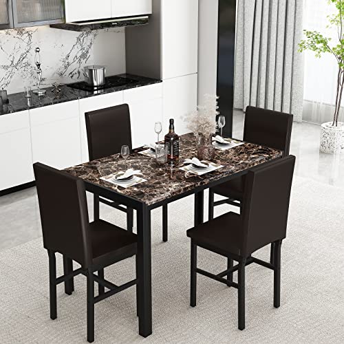 Dining Table Set for 4, Furniture 5 Piece Faux Marble Dining Set, 4 Faux Leather Metal Frame Chairs, Dinette, Compact Space w/Artificial Marble for Small Spaces, Dining Room, Kitchen