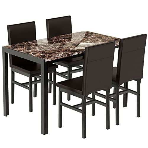 Dining Table Set for 4, Furniture 5 Piece Faux Marble Dining Set, 4 Faux Leather Metal Frame Chairs, Dinette, Compact Space w/Artificial Marble for Small Spaces, Dining Room, Kitchen