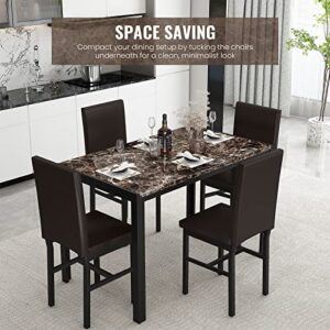 Dining Table Set for 4, Furniture 5 Piece Faux Marble Dining Set, 4 Faux Leather Metal Frame Chairs, Dinette, Compact Space w/Artificial Marble for Small Spaces, Dining Room, Kitchen