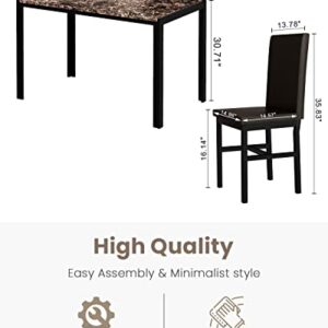 Dining Table Set for 4, Furniture 5 Piece Faux Marble Dining Set, 4 Faux Leather Metal Frame Chairs, Dinette, Compact Space w/Artificial Marble for Small Spaces, Dining Room, Kitchen