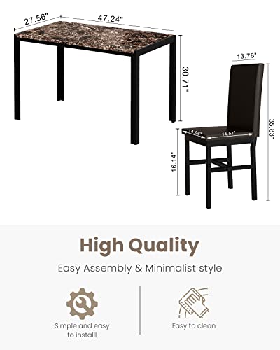 Dining Table Set for 4, Furniture 5 Piece Faux Marble Dining Set, 4 Faux Leather Metal Frame Chairs, Dinette, Compact Space w/Artificial Marble for Small Spaces, Dining Room, Kitchen