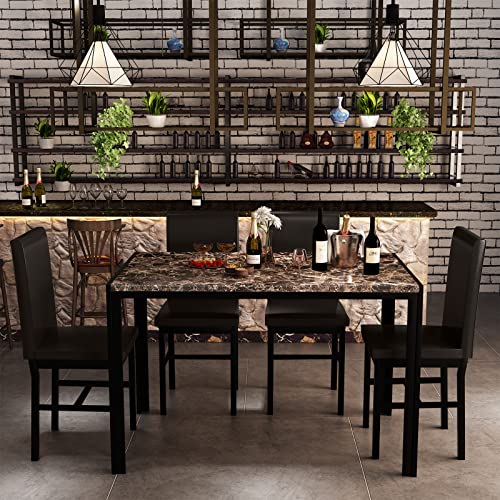 Dining Table Set for 4, Furniture 5 Piece Faux Marble Dining Set, 4 Faux Leather Metal Frame Chairs, Dinette, Compact Space w/Artificial Marble for Small Spaces, Dining Room, Kitchen