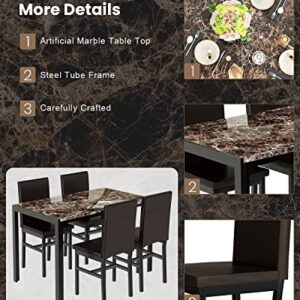 Dining Table Set for 4, Furniture 5 Piece Faux Marble Dining Set, 4 Faux Leather Metal Frame Chairs, Dinette, Compact Space w/Artificial Marble for Small Spaces, Dining Room, Kitchen