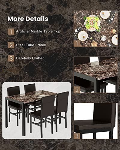 Dining Table Set for 4, Furniture 5 Piece Faux Marble Dining Set, 4 Faux Leather Metal Frame Chairs, Dinette, Compact Space w/Artificial Marble for Small Spaces, Dining Room, Kitchen