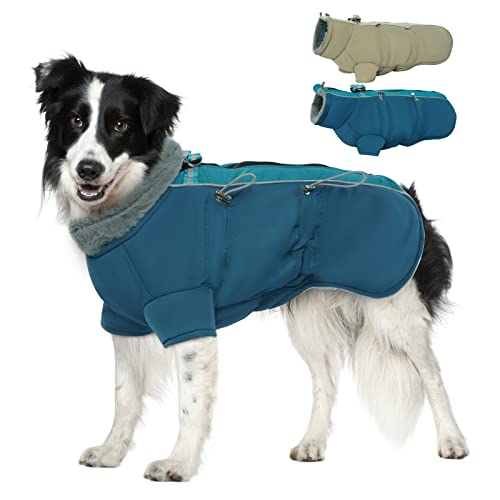 IKIPUKO Warm Dog Puffer Jacket, Zip Up Dog Coat with Harness Waterproof Dog Winter Coat for Large Medium Small Dogs Fleece High Collar Dog Snowsuit Dog Winter Jacket Reflective Dog Jacket(Green M)