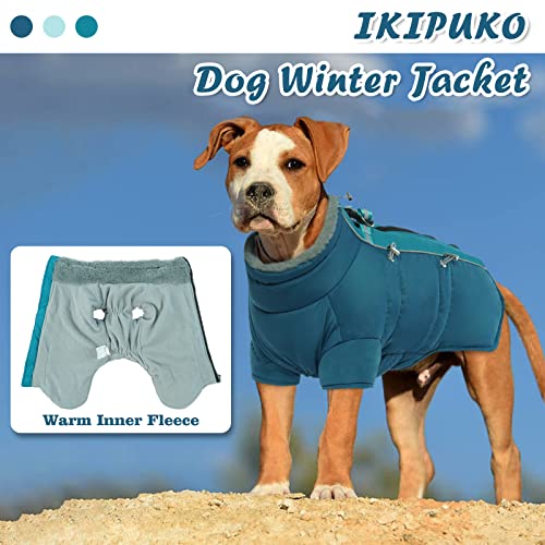 IKIPUKO Warm Dog Puffer Jacket, Zip Up Dog Coat with Harness Waterproof Dog Winter Coat for Large Medium Small Dogs Fleece High Collar Dog Snowsuit Dog Winter Jacket Reflective Dog Jacket(Green M)