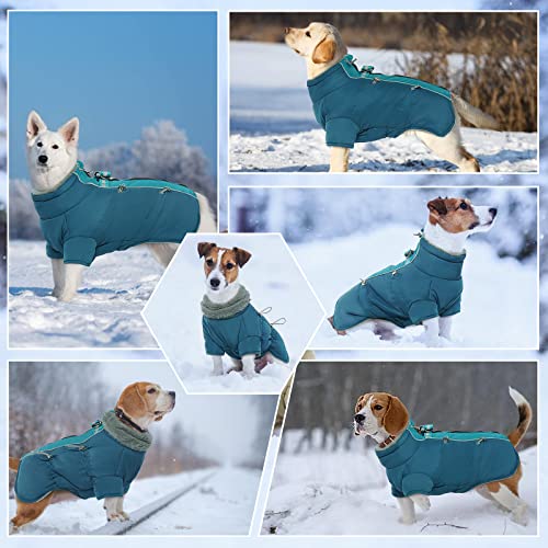 IKIPUKO Warm Dog Puffer Jacket, Zip Up Dog Coat with Harness Waterproof Dog Winter Coat for Large Medium Small Dogs Fleece High Collar Dog Snowsuit Dog Winter Jacket Reflective Dog Jacket(Green M)