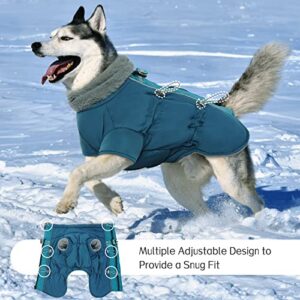 IKIPUKO Warm Dog Puffer Jacket, Zip Up Dog Coat with Harness Waterproof Dog Winter Coat for Large Medium Small Dogs Fleece High Collar Dog Snowsuit Dog Winter Jacket Reflective Dog Jacket(Green M)