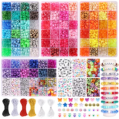 QUEFE 4900pcs Pony Beads Kit, 84 Colors Kandi Beads, 3780pcs Rainbow Hair 1080pcs Letter Heart for Craft Gifts Bracelets Jewelry Making with Elastic Strings