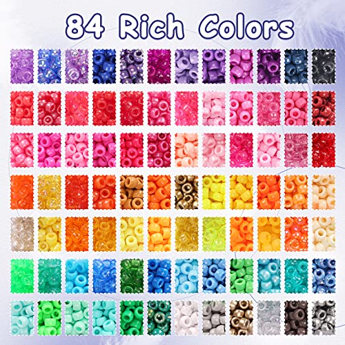 QUEFE 4900pcs Pony Beads Kit, 84 Colors Kandi Beads, 3780pcs Rainbow Hair 1080pcs Letter Heart for Craft Gifts Bracelets Jewelry Making with Elastic Strings