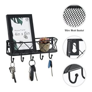 HappyHapi Key Holder for Wall Decorative, Entryway Key Hooks, Wall Mounted Key Rack with 5 Hooks, Metal Wire Mesh Basket Mail Holder, 9.8”Lx2.1”Wx4.1”H