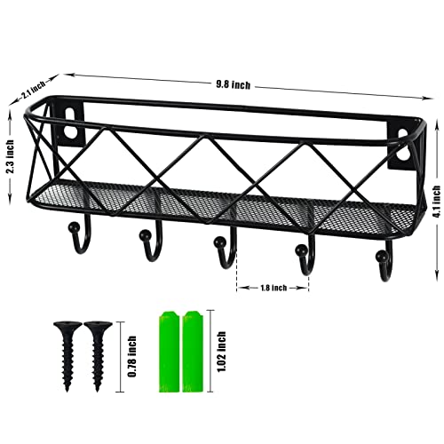 HappyHapi Key Holder for Wall Decorative, Entryway Key Hooks, Wall Mounted Key Rack with 5 Hooks, Metal Wire Mesh Basket Mail Holder, 9.8”Lx2.1”Wx4.1”H