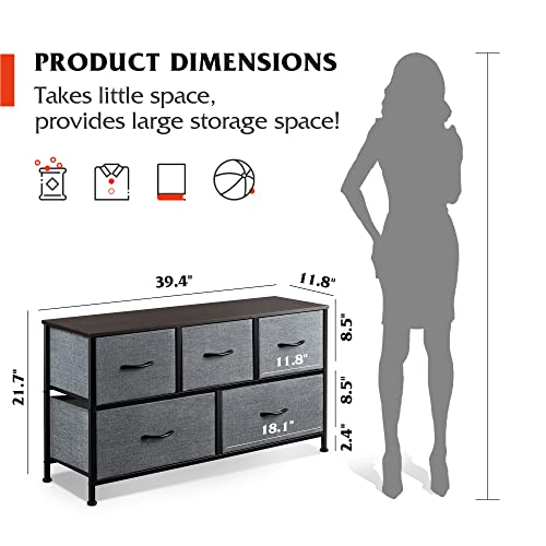 WLIVE 1-Drawer Nightstand and 5-Drawer Dresser Set, Fabric Dresser, Storage Organizer Unit with Fabric Bins for Closet, Living Room, Hallway, Nursery, Steel Frame, Wood Top, Dark Grey