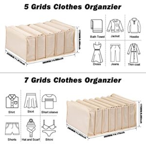 AUHSSAN 2 Packs Cotton Wardrobe Clothes Organizer, Foldable Closet Organizers and Storage Larger 7 Grids 5 Grids Set Drawer Organizer with PP Board for Clothes, Jeans, Pants, Sweaters, Tshirt