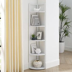 HMOREY 5-Tier Corner Shelf, Corner Bookshelf Small Bookcase Corner Storage Rack Plant Stand for Living Room, Home Office, Kitchen, Small Space (White-1)