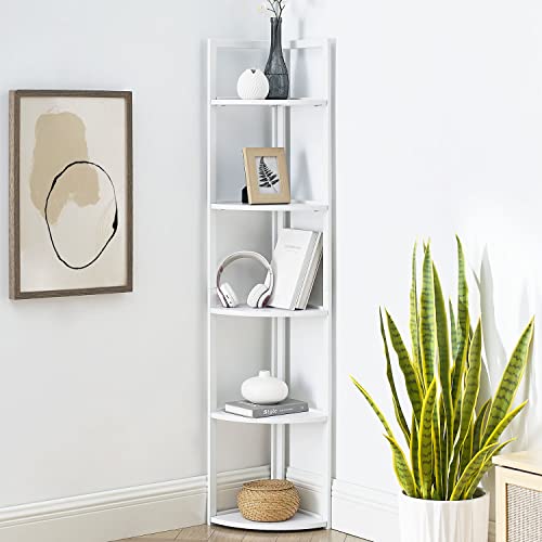 HMOREY 5-Tier Corner Shelf, Corner Bookshelf Small Bookcase Corner Storage Rack Plant Stand for Living Room, Home Office, Kitchen, Small Space (White-1)